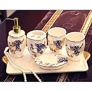 Ceramic Bathroom Five-Piece Set, Three-red Pomegranate Drill Dental Ware, Mouth Cup, Bathroom Washing Set (Color : Blue)