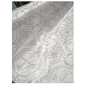 Religious Themed with Cross Heavy Brocade Fabric by The Yard, 58/60" Wide, White/Silver and Gold (White/Silver)