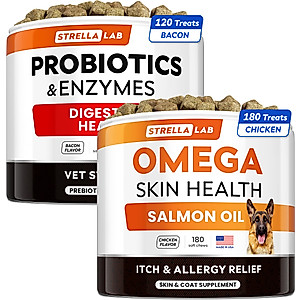 Omega 3 + Vet Strength Dog Probiotics Bundle - Allergy &Itch Relief Skin & Coat Supplement - 1 Billion CFU + Digestive Enzymes - Diarrhea, Gas, Constipation, Upset Stomach Relief - 300ct - Made in USA