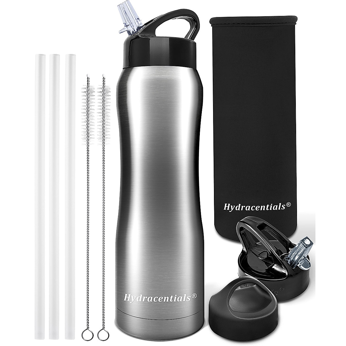 Hydracentials Insulated Stainless Steel Metal Water Bottle with Straw Lid - Vacuum Insulated Water Bottles, Keeps Hot and Cold - Sports Canteen Bottle (Steel, 25oz)