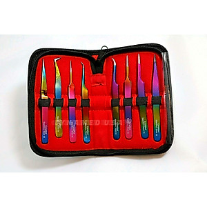 Cynamed -Set of 8 pcs High Precision Multi Rainbow Color German Stainless Steel 3D 5D 6D Volume False Eyelash Extension Tweezers