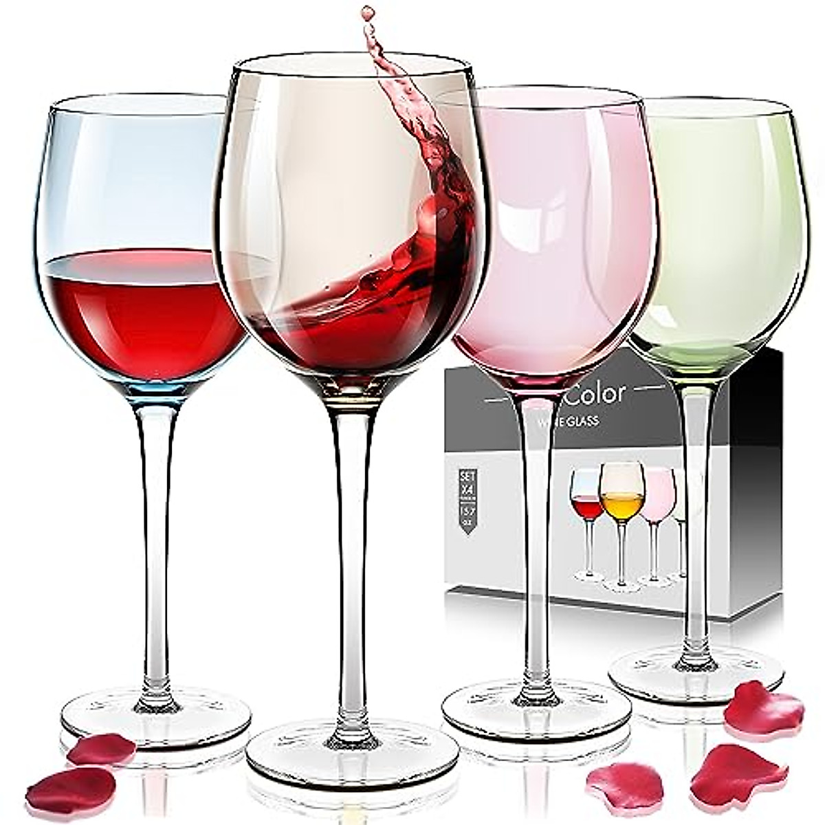 OMITA Colored Crystal Wine Glasses with Stem, Set of 4, Hand-Blown 15.72 oz - Italian Style for Red & White Wine - Elegant Drinkware for Parties & Gifts