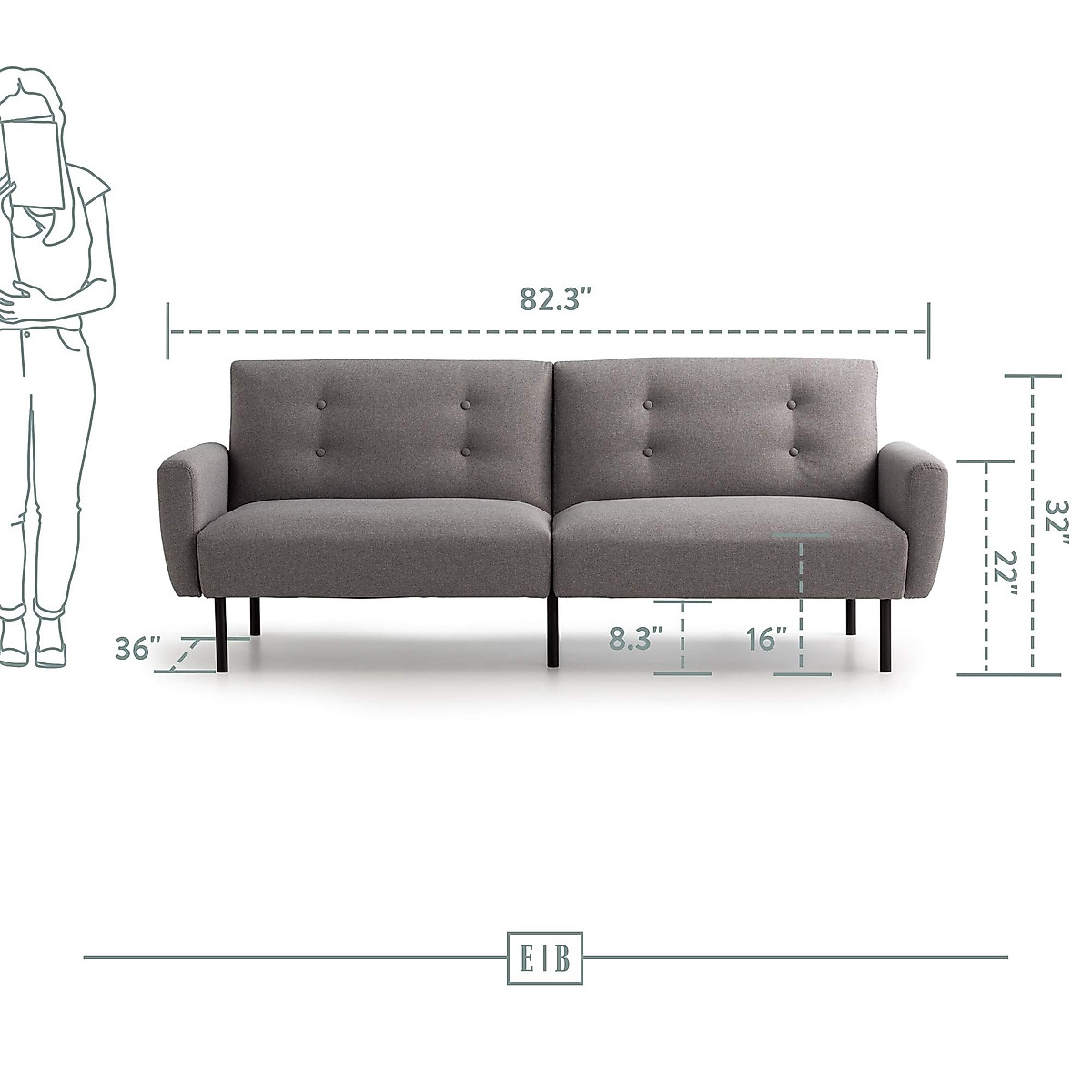 Edenbrook Gilman Futon - Futon Sofa Bed - Futon Couch - Small Futon - Living Room Furniture - Armed Sofa Bed Couch - Sleeper Sofa – Gray Linen Futon
