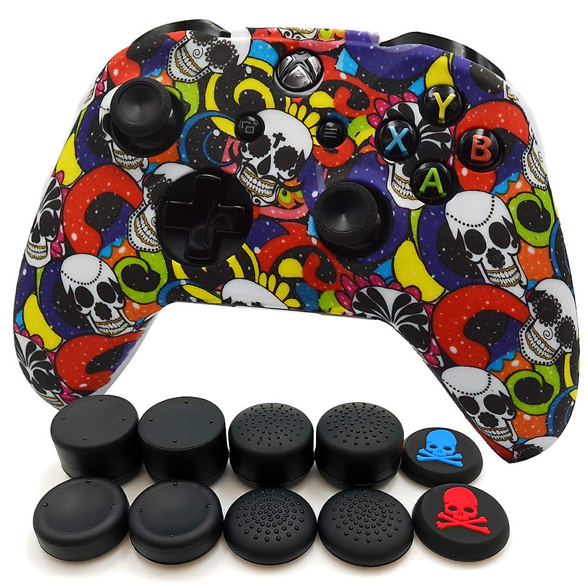 FOTTCZ Anti-Slip Soft Silicone Cover Skin Set for Microsoft Xbox One Controller which 1pcs Skull Controller Skin + 8pcs Thumb Grip Caps - Diamond