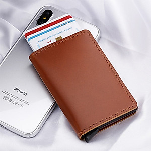 Dlife Credit Card Holder RFID Blocking Wallet Slim Wallet Cowhide Leather Vintage Aluminum Business Card Holder Automatic Pop-up Card Case Wallet Security Travel Wallet (Blue Case)