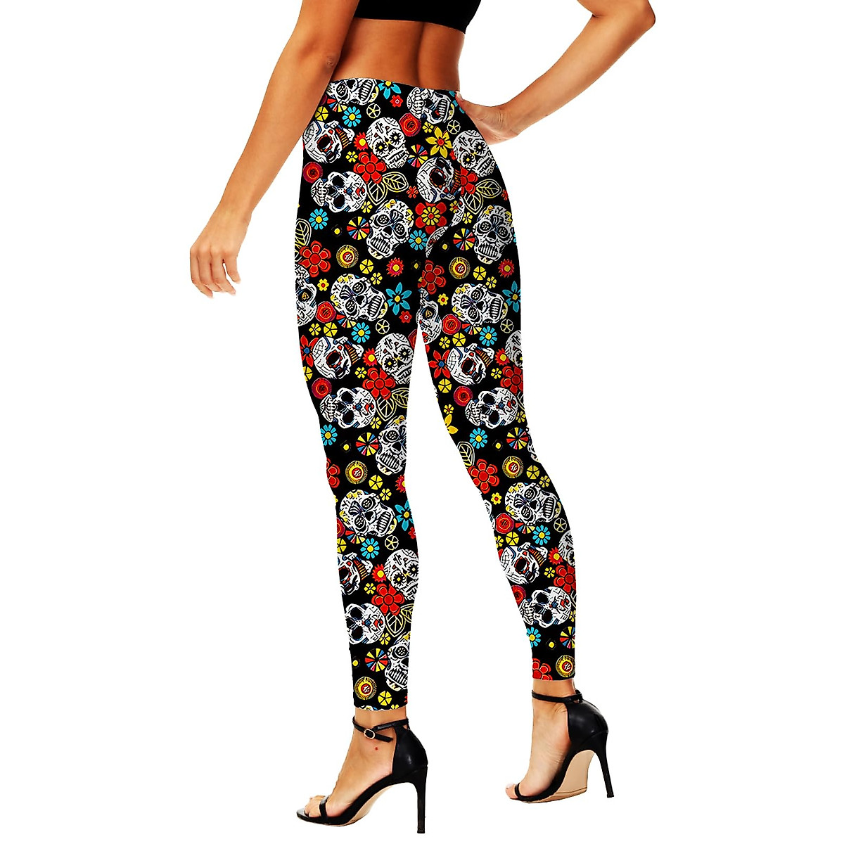 AOBUTE Women's Halloween Leggings Scary Skull Printed High Waist Yoga Pants Day of The Dead Tights L