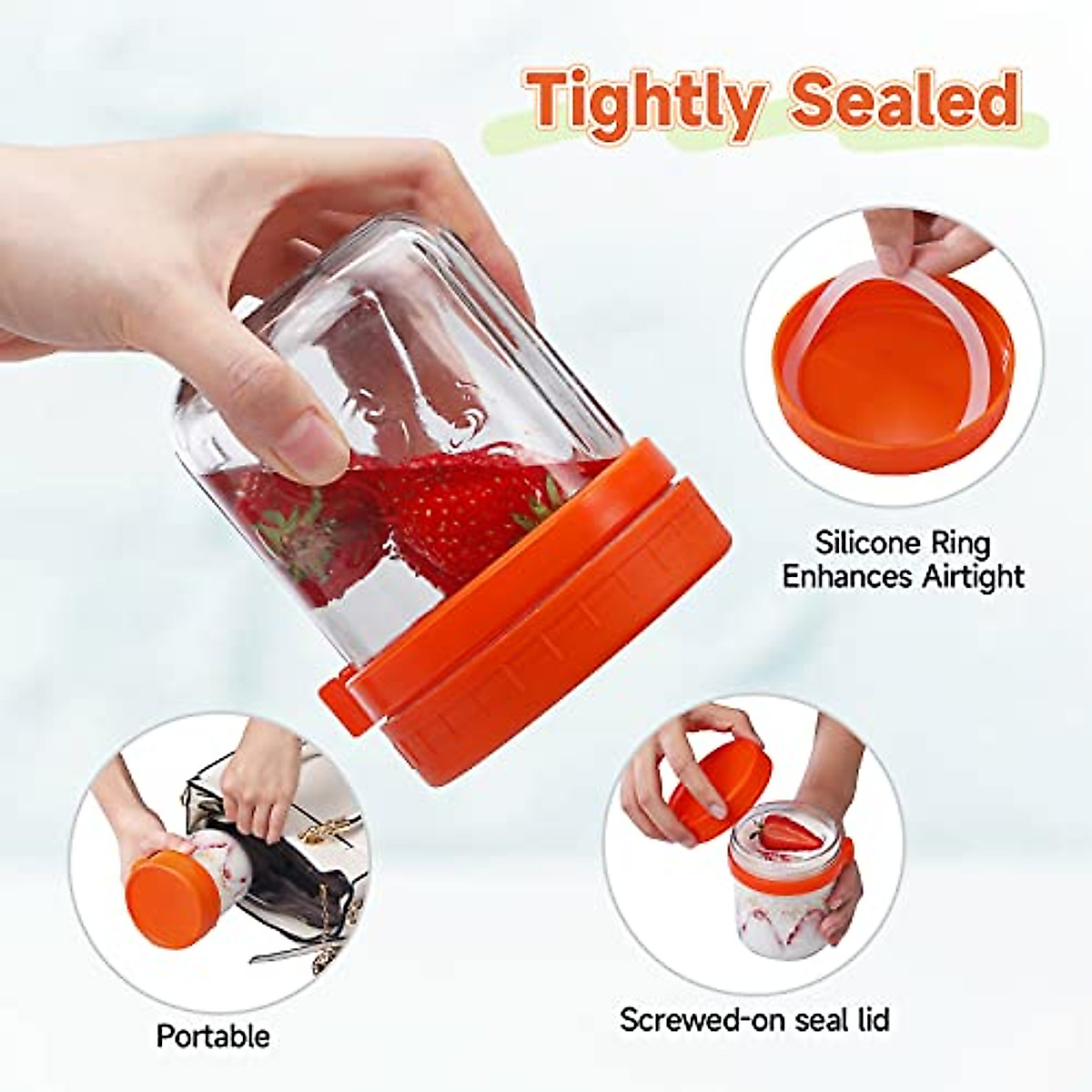 DREAMOSA 3 Set Overnight Oats Containers with Lids and Spoon 12 Oz Glass Mason Overnight Oats Jars (Green-Orange-Grey)