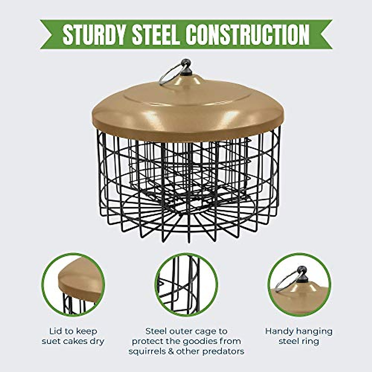 MEKKAPRO Bird Feeder Squirrel Proof with Hanging Metal Roof, Bird Feeder for Outside Wild Birds, Two Suet Capacity, Very Adaptable and Easy to Use Wild Bird Feeder, Caged Design