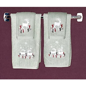 Holiday Christmas Cotton Towels: Noble Reindeer Buck Deer Design, Gray Silver Red White, Set of 2