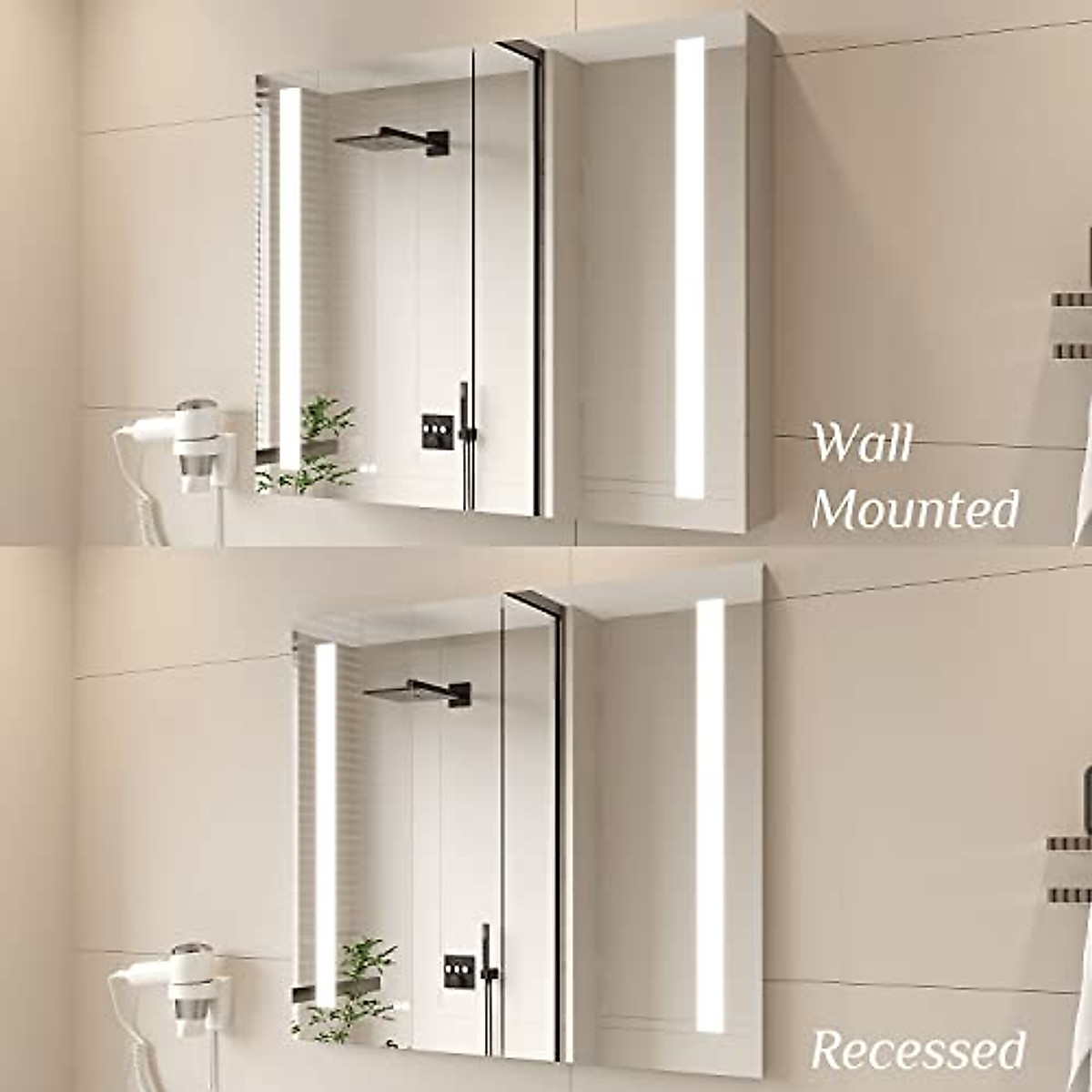 MIRPLUS 36 x 30 inch Medicine Cabinet with LED Vantiy Mirror, Recessed or Surface Mount Anti-Fog Large Storage Double Door Lighted Aluminum Bathroom Cabinet with Touch Switch (Half Light)