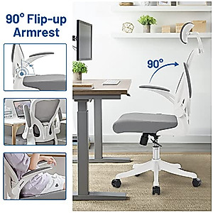 HOFFREE Ergonomic Office Chair High Back Executive Mesh Desk Chair with Adjustable Lumbar Support Headrest and Flip-up Armrest Swivel Task Chair for Home Office Chair Grey and White