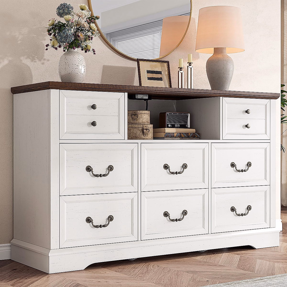 EnHomee 8 Drawers Dresser with Power Outlets and LED Lights, 55 Inch Wide Rustic Wood Dressers & Chest of Drawers for Bedroom, Hallway, Closet, White, 55" W x 34.5" H x 15.7" D