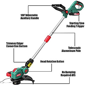 Weed Wacker Battery Weed Eater, HYPERECHO Cordless Grass String Trimmer 20V Auto-Feed Lines with 10 inch Cutting, Handle and Height Adjustable, 2.0Ah Battery and Fast Charger Included
