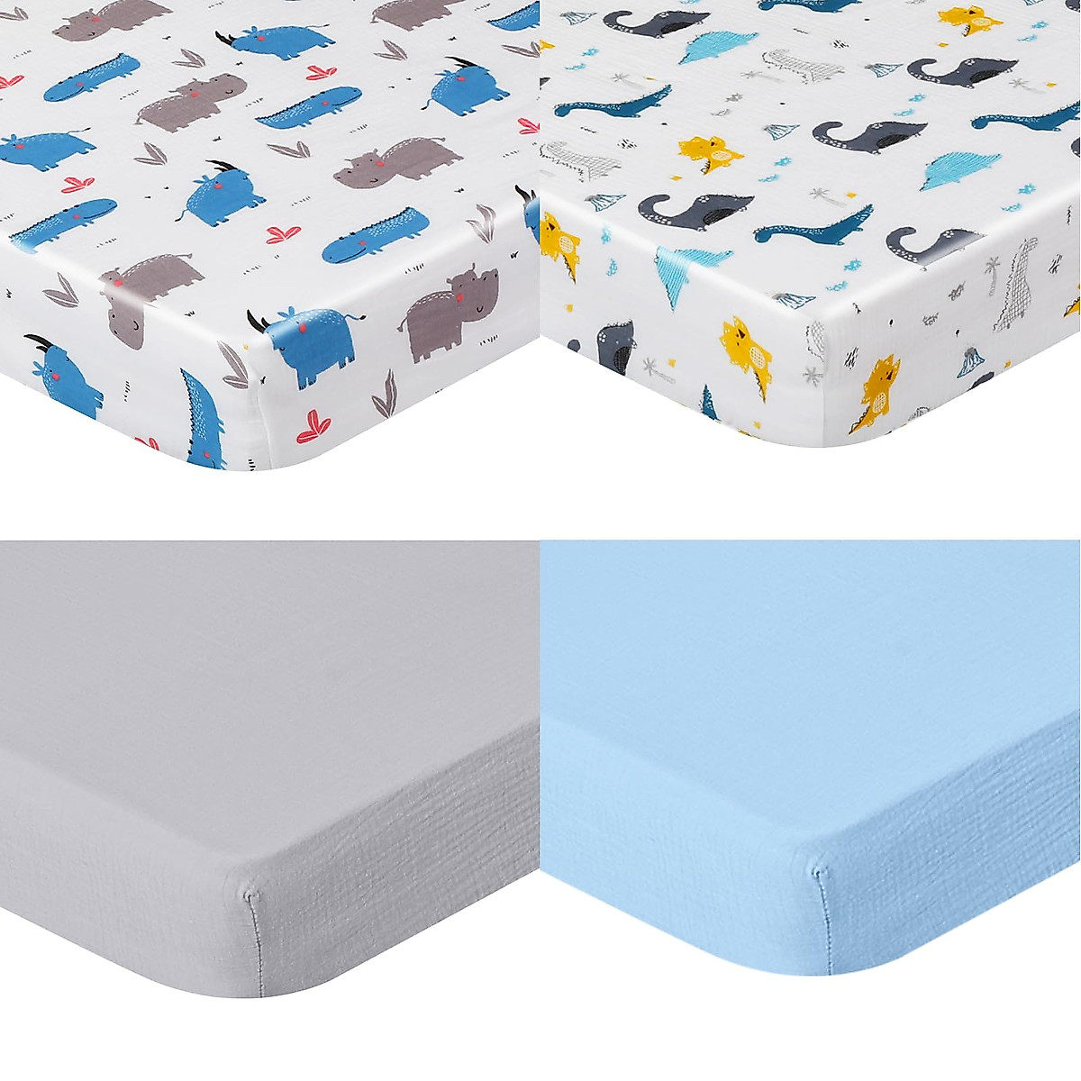 Preboun 4 Pieces Muslin Crib Sheets for Boys Girl, Fitted Baby Toddler Bed Sheets 28'' x 52'', Neutral Muslin Cotton Crib Mattress Sheet, Soft and Breathable Comfort Baby Sheets (Dinosaur, Crocodile)