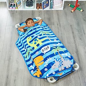EVERYDAY KIDS Cute Preschooler and Toddler Cot Nap Mat for Home, Daycare, Preschool and Kindergarten; Easy to Roll Sleeping Mat with Elastic Straps, Pillow and Blanket