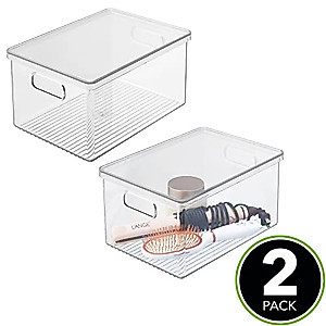 mDesign Plastic Storage Bin Box Container, Lid, Built-in Handles, Organization for Makeup, Hair Styling Tools, Accessories in Bathroom Cabinet, Cupboard Shelves, Ligne Collection, 2 Pack, Clear/Clear