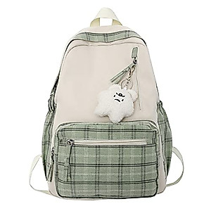 Aesthetic Backpack Sage Green Backpack for Teens Girls, Kawaii Plaid School bags Preppy Backpack for School, Large Capacity Casual Daypack (Sage Green)