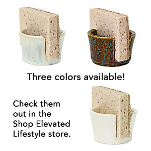 Ceramic Dish Sponge and Scrubby Holder - Caddy - Drainer for Kitchen Sink | Decorative | Allows Sponge to Dry | Helps Reduce The Odor of Stinky Sponges | Bar Soap Holder for Sink (Marbled White)