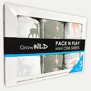 GROW WILD Pack n Play Sheets 3-Pack | Baby Mini Crib Sheets for Girls | Soft Pack and Play Mattress and Crib Bedding Set | Playard Jersey Cotton Fitted Crib Sheets | White Grey Pink Deer and Arrows