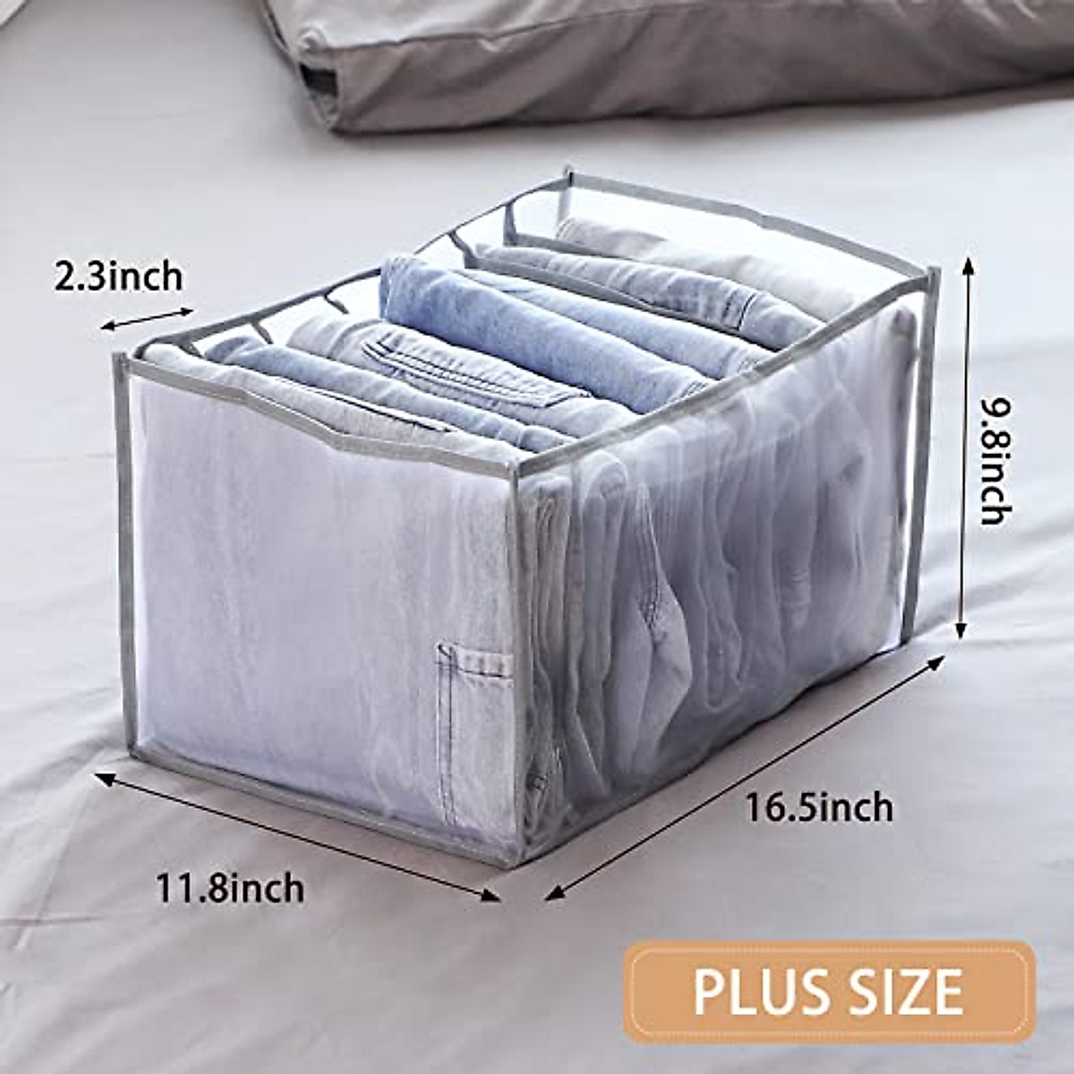 Wardrobe Clothes Organizer Portable Storage Baskets 2pcs Plus Size 16.5x11.8x9.8inch, Jeans Leggings Compartment Storage Box Closet, 7 Grids Folding Clothes Drawer Mesh Separation Organizer LB000320