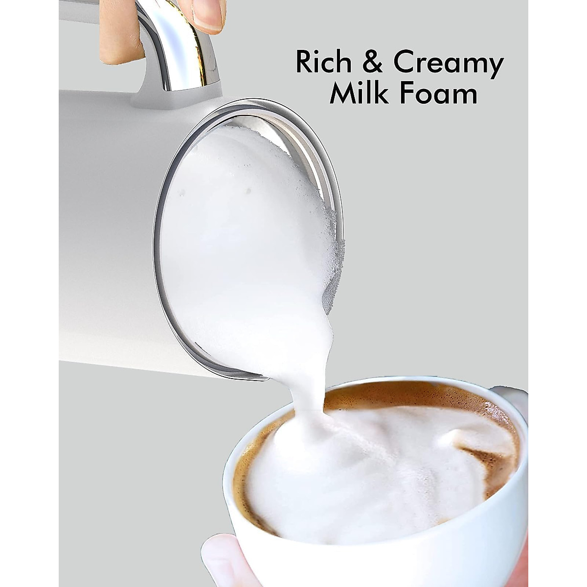 LONGDEEM Milk Frother, 4-in-1 Electric Milk Foamer with Cold & Hot Froth for Latte Cappuccino - Automatic Coffee Foam Maker, Stainless Steel, 10 oz/5 oz, Non-Stick Coating with Auto Shut-Off, White