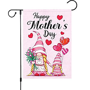 Louise Maelys Happy Mother's Day Garden Flag for Mom 12x18 Double Sided, Burlap Small Vertical Pink Gnome Garden Yard Flags for Spring Outside Outdoor House Mothers Day Decoration (ONLY FLAG)