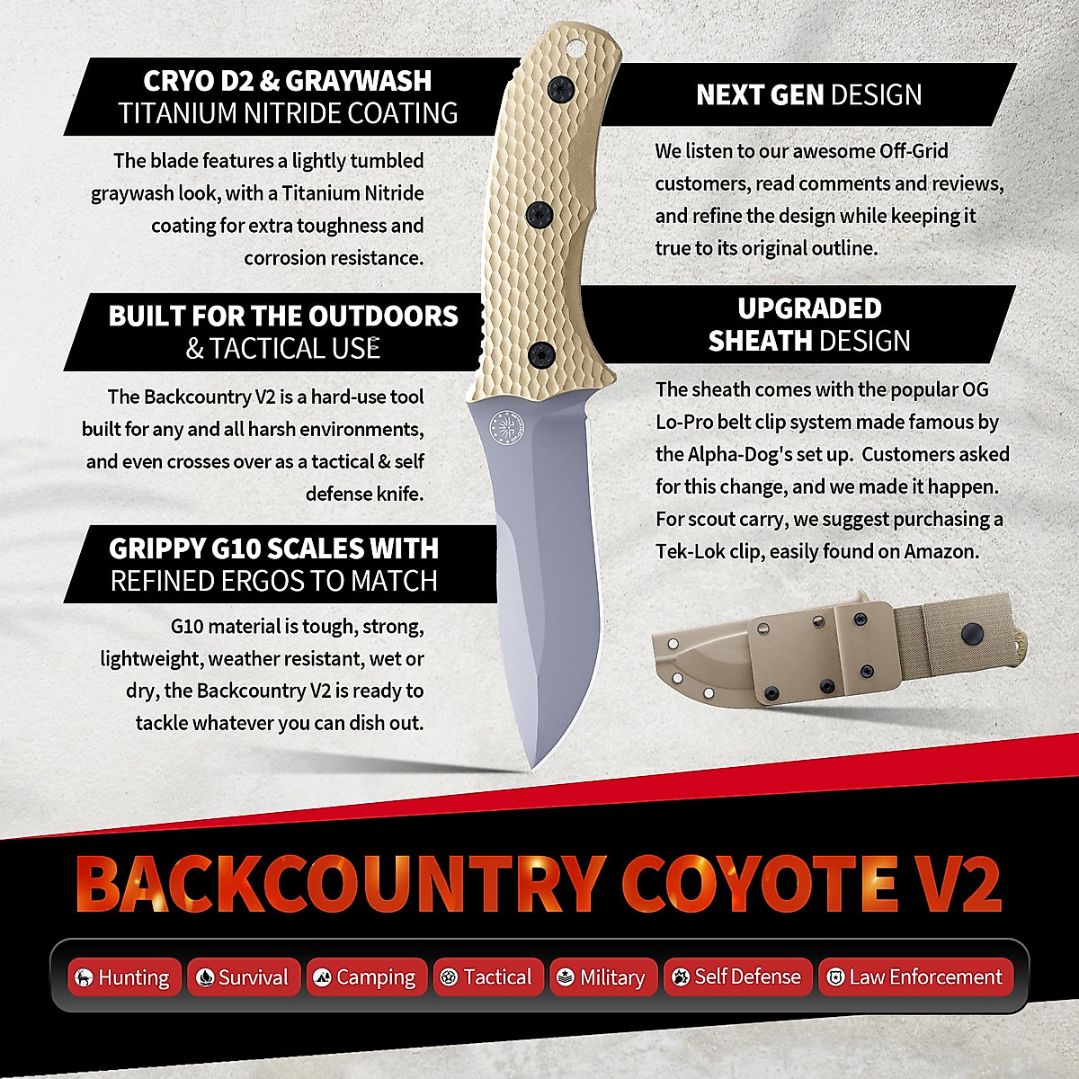 Off-Grid Knives - Backcountry Coyote V2 Fixed Blade - Cryo D2 Steel Knife with Graywash Finish, Full Tang, Coyote Tan G10 Scales, Kydex Sheath, Bushcraft, Hunting, Survival, Camping, Tactical Use
