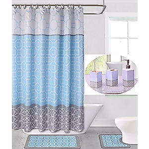 GorgeousHomeLinen Diamond 19pc Complete Bathroom Bath Mat Set with Shower,Hooks and Ceramic Accesories in Assorted Colors (Silver/Light Blue)