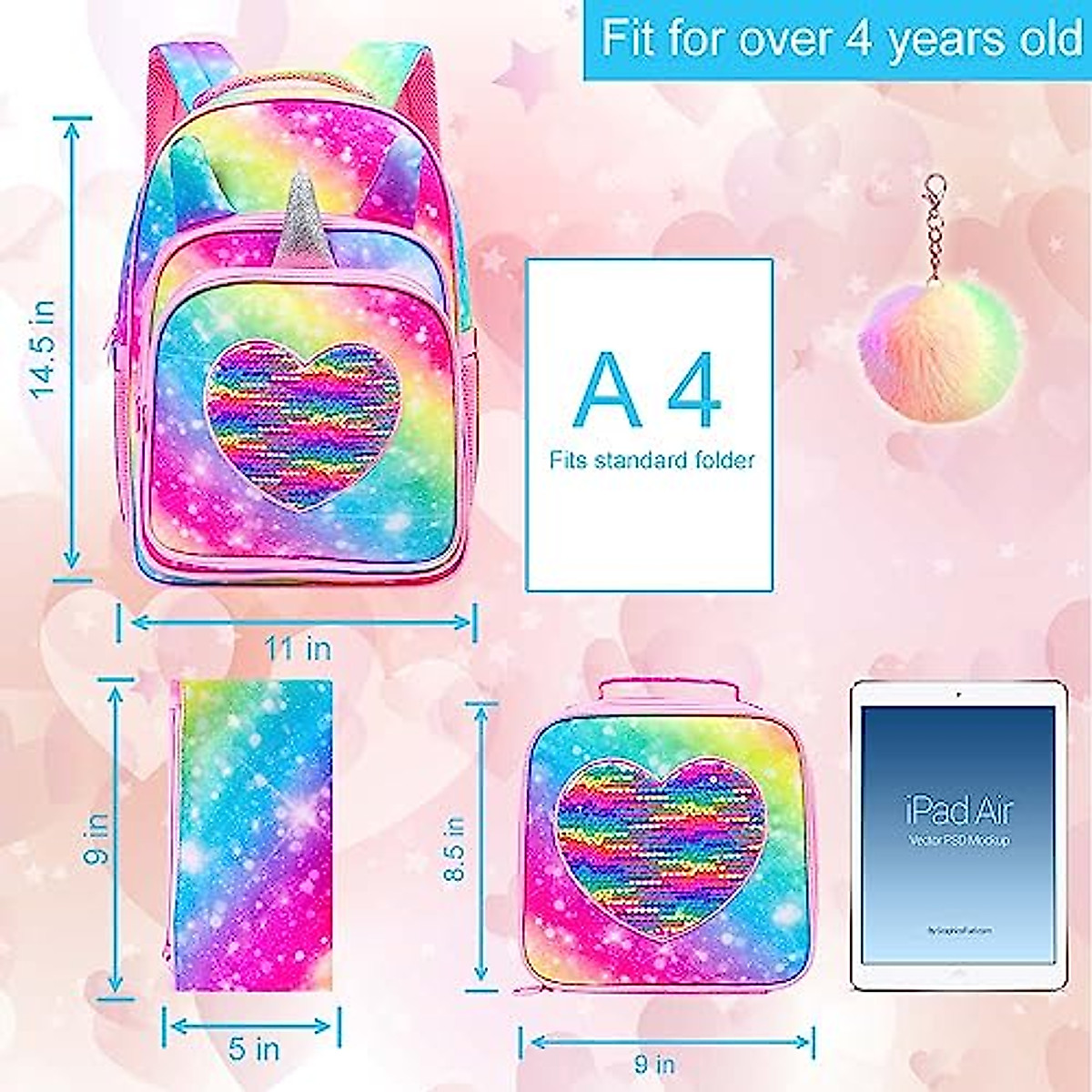gxtvo 3PCS Girls Backpack, 16" Unicorn Rainbow Sequin Preschool Elementary Bookbag and Lunch Box