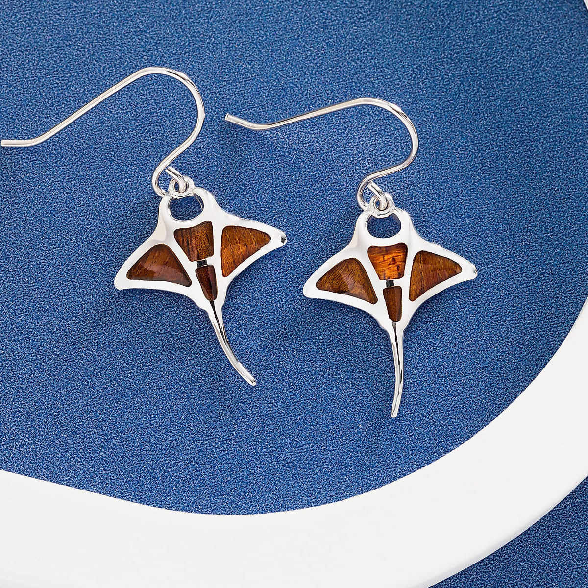 925 Sterling Silver Hawaiian Manta Ray Opal Koa Wood Larimar Gemstone Dangle Hook Earrings, Nickle Free Hypoallergenic for Sensitive Skin, Gift Box Included (Koa Wood)