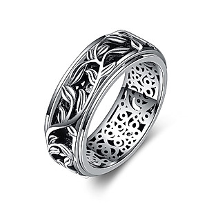 YAFEINI Nature Fidget Ring Sterling Silver Anxiety Ring for Women Filigree Spinner Leaves Band Ring Stress Relieving Wide Ring Jewelry Gifts for Men