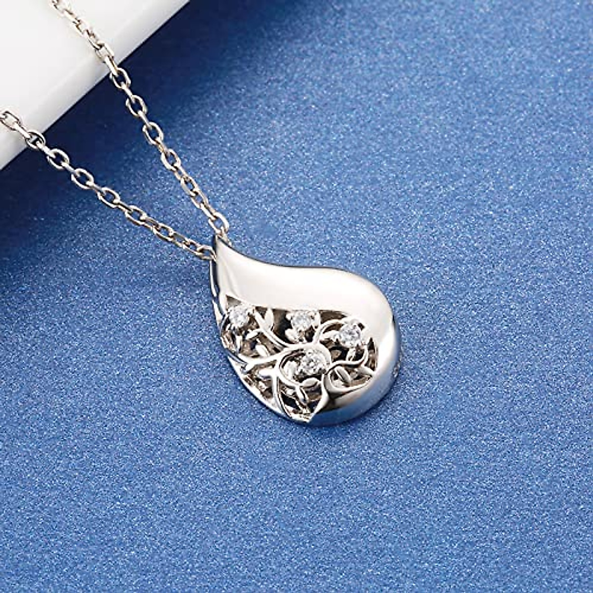 925 Sterling Silver Tree of Life Teardrop Urn Necklace for Ashes Family Tree Keepsake Cremation Pendant Memorial Jewelry for Women