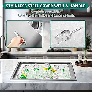 YITAHOME Drop in Ice Chest 47L/ 49.7Qt, 22''L x 17''W x 12''H with Cover, 304 Stainless Steel Drop in Cooler, Drop in Ice Bin for Cold Wine Beer, Included Drain pipe and Drain Plug