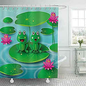 YSWOW 4PCS Bathroom Sets with Shower Curtain and Rugs and Accessories, Green Funny Cartoon Animal Frog on Rainy Tree Branch Modern Bathroom Decor Shower Curtain Sets with Rugs (Frog 15)