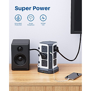 KOOSLA [65W] PD Power Strip Tower Surge Protector, USB C Desktop Charging Station with 12 Widely Spaced AC Outlets / 2 USB-C / 3 USB-A Ports, 6.5ft Heavy-Duty Extension Cord for Home Office Dorm…