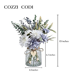 COZZI CODI Fake Flowers Artificial Blue Flowers with Vase, Table Centerpieces for Dining Room, Silk Flower Arrangements for Home, Living Room Bathroom Plant Decor, Centerpiece Table Decorations