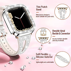 Goton Bling Band + Case for Apple Watch Bands 45mm 44mm 41mm 40mm 38mm Series 8 7 SE 6 5 4 3 2 1, Women Glitter Silicone Thin Strap + Bumper Cover for iWatch Accessories 41 mm Silver