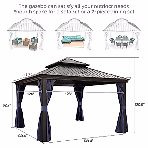 PURPLE LEAF 12' X 12' Hardtop Gazebo Aluminum Frame with Galvanized Steel Double Roof for Patio Lawn and Garden, Navy Blue Curtains and Netting Included Grey Outdoor Gazebo
