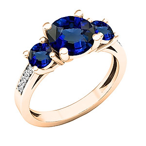Dazzlingrock Collection 7 MM Centre & 4 MM Side Round Lab Created Blue Sapphire with Natural White Diamond Women Three Stone Engagement Ring | 14K Rose Gold, Size 7