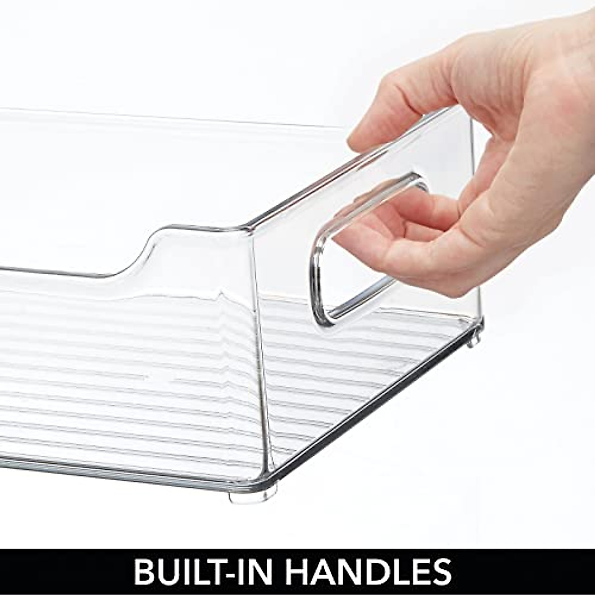 mDesign Wide Plastic Kitchen Storage Container Bins with Handles -Organization in Pantry, Cabinet, Refrigerator or Freezer Shelves - Food Organizer for Fruit, Yogurt, Squeeze Pouches - 4 Pack - Clear