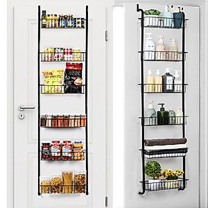 6-Tier Over the Door Pantry Organizer Rack, Hanging Storage Metal Rack with 6 Baskets, Door Organization Kitchen Spice Rack, for Kitchen Bathroom Bedroom(Black)