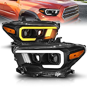 AmeriLite for 2016-2022 Toyota Tacoma SR SR5 [No LED DRL Bar Models] Switchback Tube Quad Projector Black Replacement Headlight Assembly Pair - Passenger and Driver Side