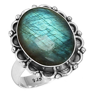 JEWELOPORIUM 925 Silver Ring for Women Size 7 Gray Genuine Labradorite Gemstone Vintage Silver Ring Halloween - Gift Solitaire Jewelry
