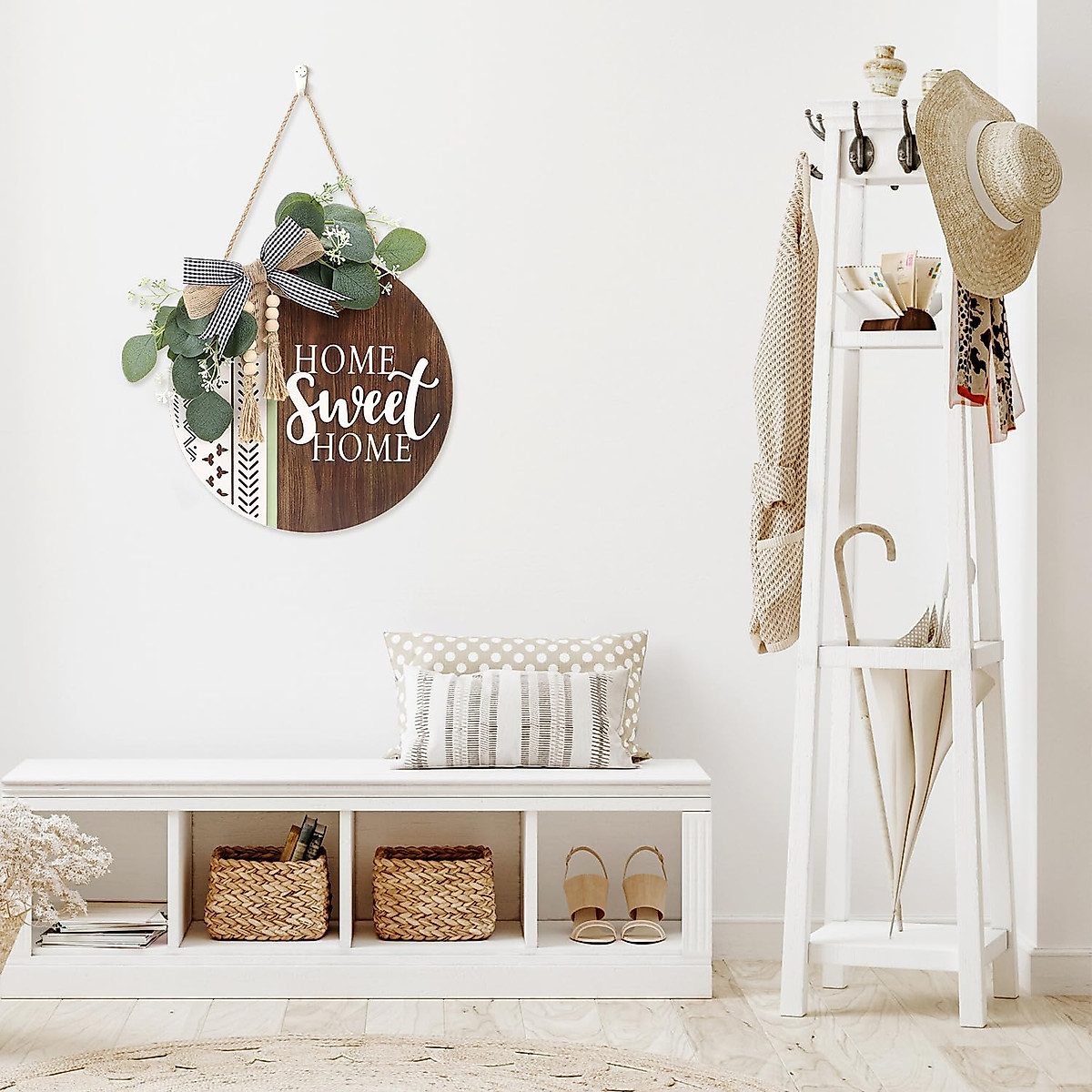 3D Welcome Front Door Wreath Porch Decor, Wooden Home Sweet Home Boho Outdoor Sign Hanging, Farmhouse Aztec Wall Sign Hanger with Artificial Leaves&Rustic Beads