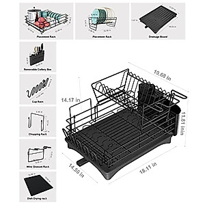 Qienrrae Dish Drying Rack with Drainboard Set, Stainless Steel 2 Tier Black Dish Rack with Drainage for Kitchen Counter, Large Dish Drainers with Wine Glass Holder, Utensil Holder and Extra Dryer Mat