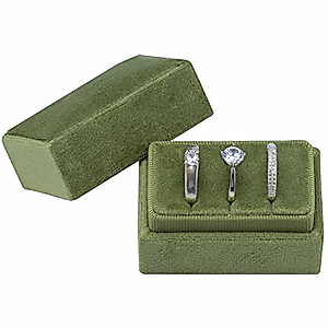 Rectangle Velvet Ring Box Storage 3 Slots for Wedding Ceremony Proposal Engagement Birthday Gift (Olive Green)