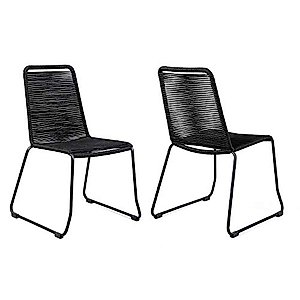 Armen Living Shasta Modern Outdoor Patio Metal and Rope Stackable Accent Dining Chair, Set of 2, Black