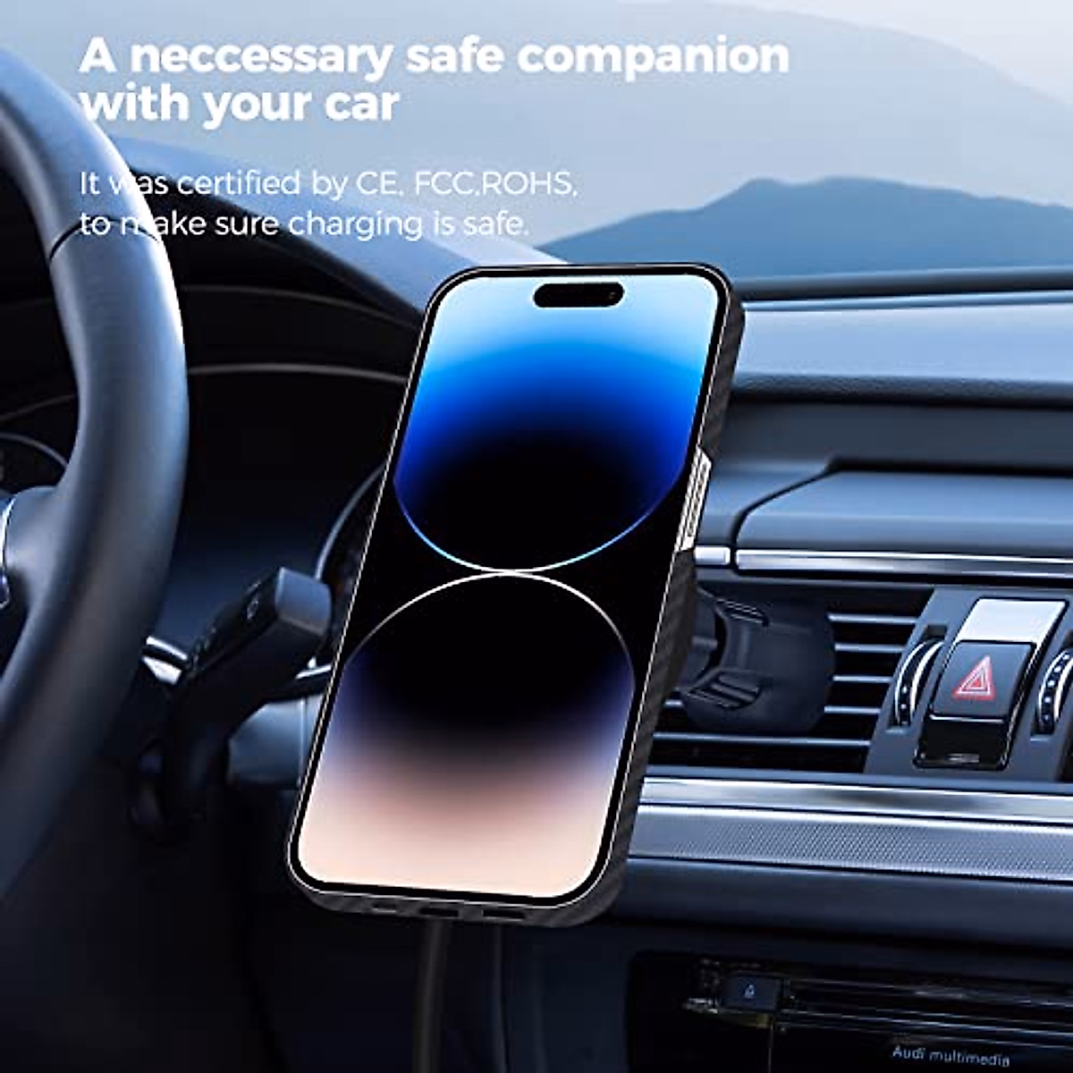 MONOCARBON Car Phone Holders for iPhone, MagSage Car Mount Charger Wireless, iPhone 15 Car Charger Adapter Fast Charging, Magnetic Car Phone Holder Mount.(Twill Carbon Matte Black+Charger)