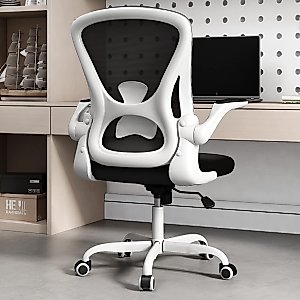 Sytas Ergonomic Desk Chair with Padded Flip up Arms and Supportive Lumbar Support, Breathable Mesh Home Office Chair with Comfortable Cushion for Home or Office(White)