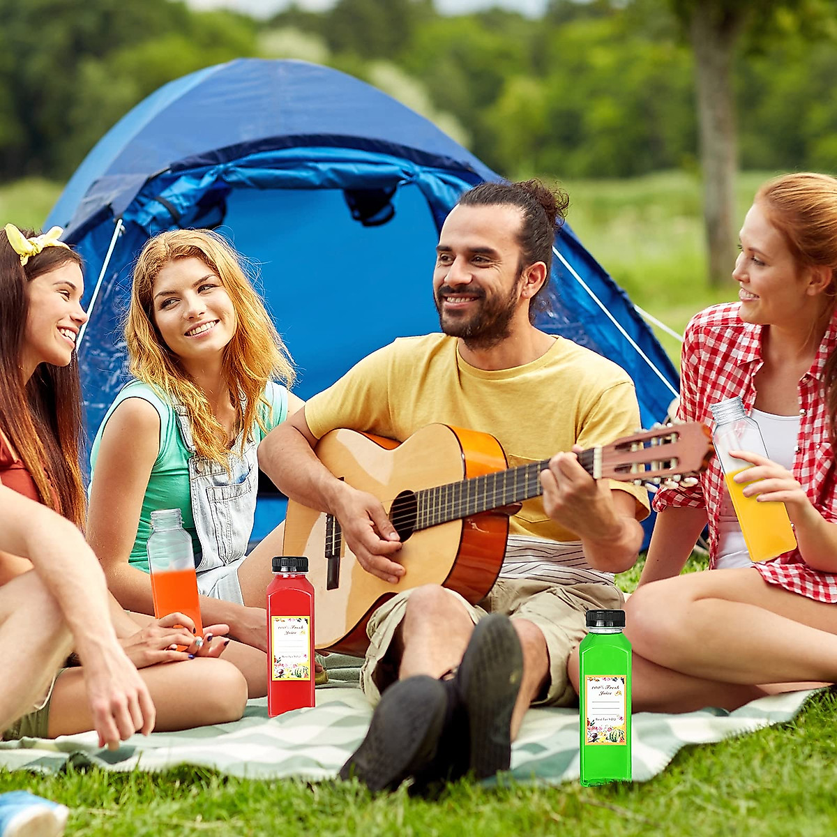 DANALLAN 24Pcs12oz Empty Juice Bottles with Caps, Premium Reusable Plastic Bottles Juice Container Transparent Black Leak-proof Lids for Drink Juice Smoothie Milk Beverages Water